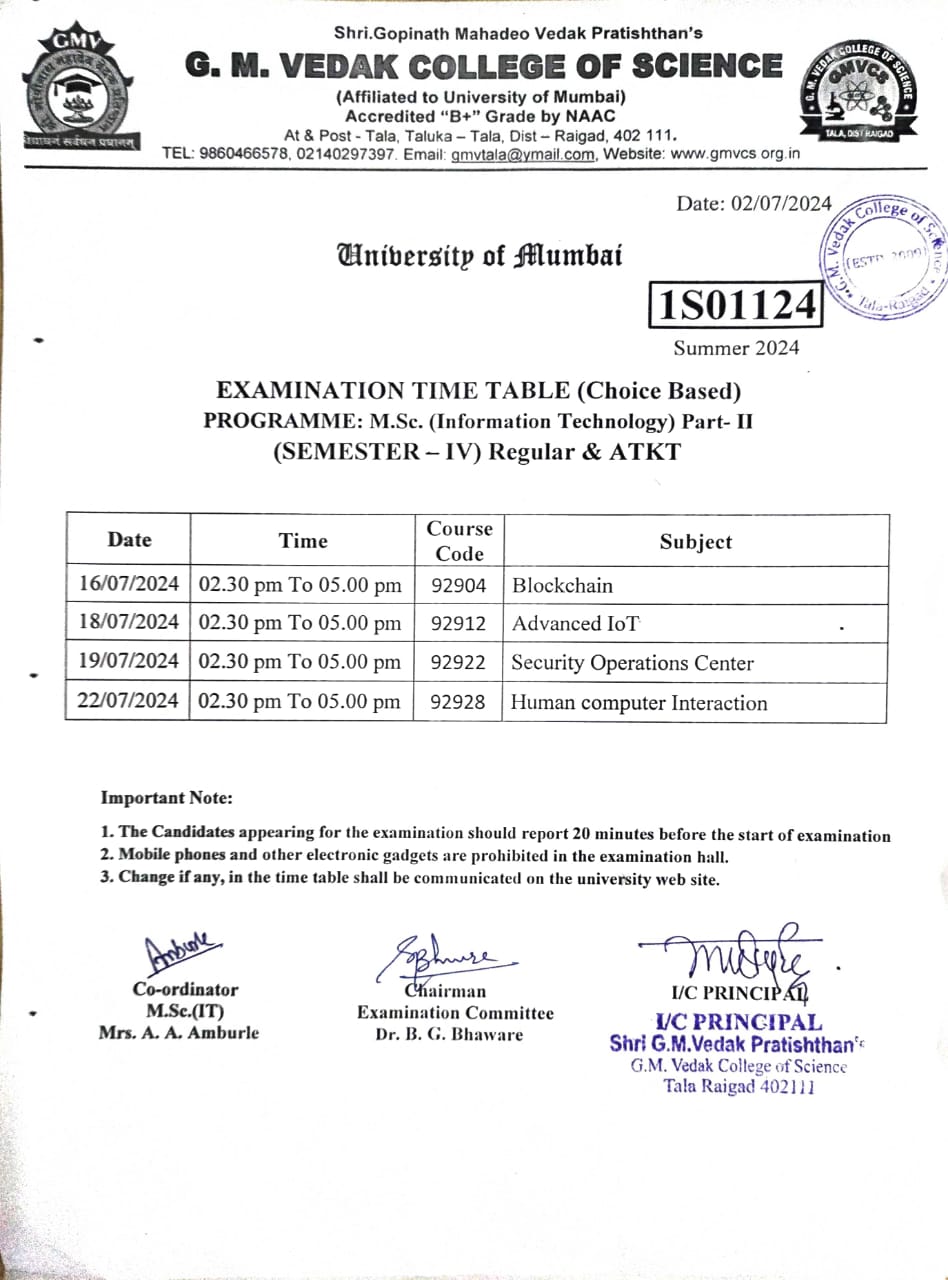 Examination time table MSc IT Part-II (Semester-IV) – G M Vedak College ...